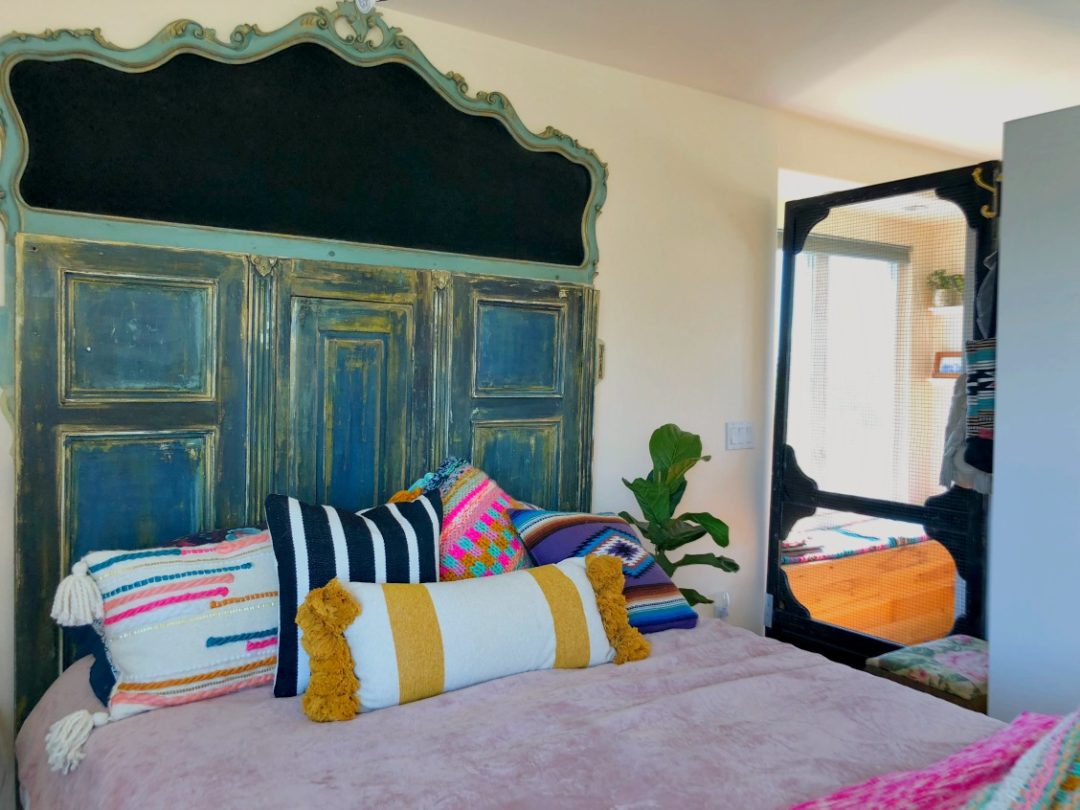 DIY Headboard made from a Deconstructed Armoire and How to Paint Velvet ...